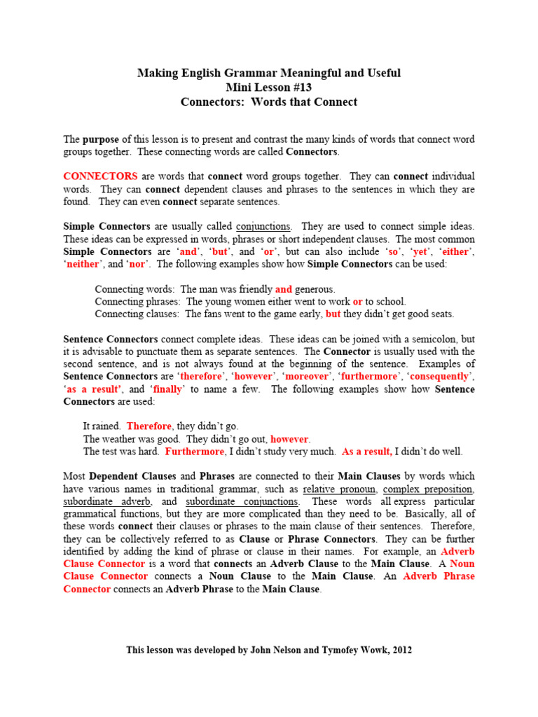 Making English Grammar Meaningful and Useful Mini Lesson #13 Connectors ...