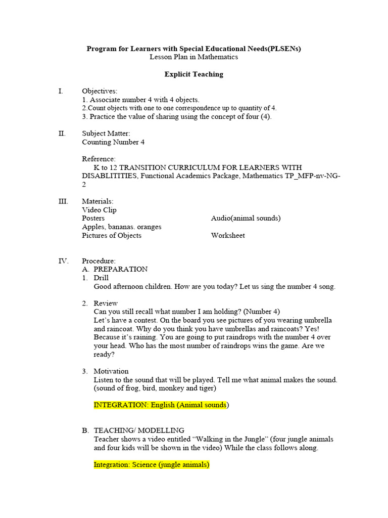 Lesson Plan in Numeracy Kindergarten (Count To Four) | PDF | Curriculum ...