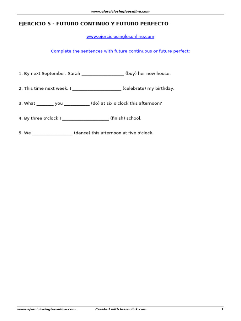 Ejercicio 5 Futuro Continuo Y Futuro Perfecto Pdf