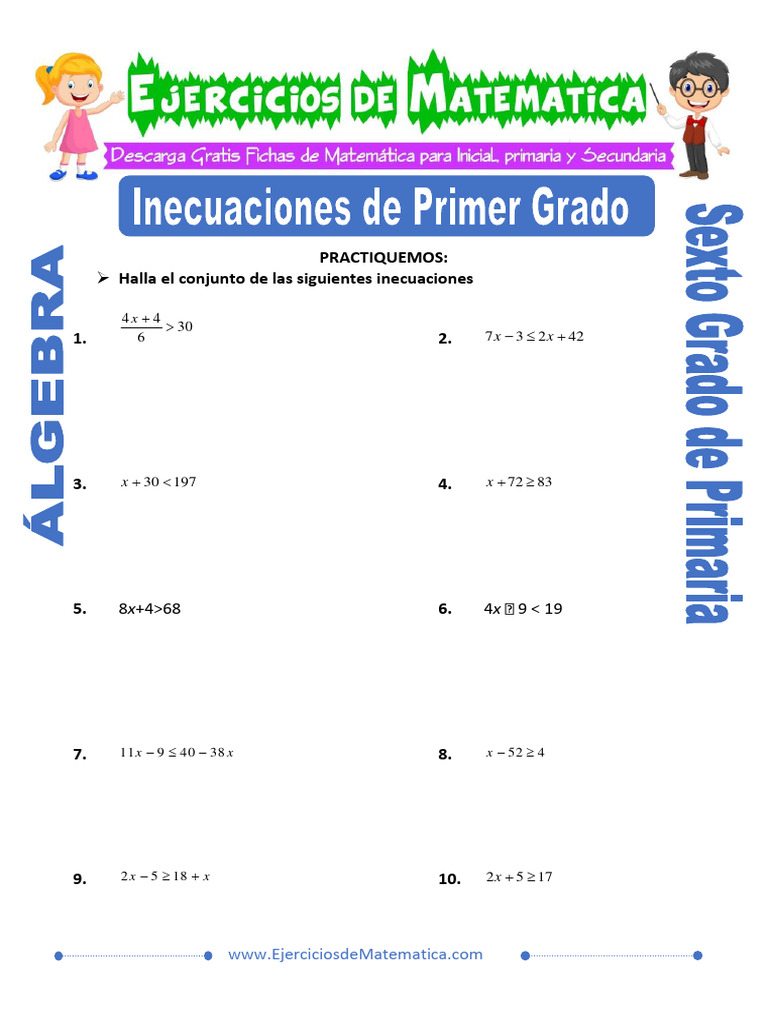 Ejercicios de Inecuaciones de Primer Grado para Sexto de Primaria | PDF | Métodos y materiales ...