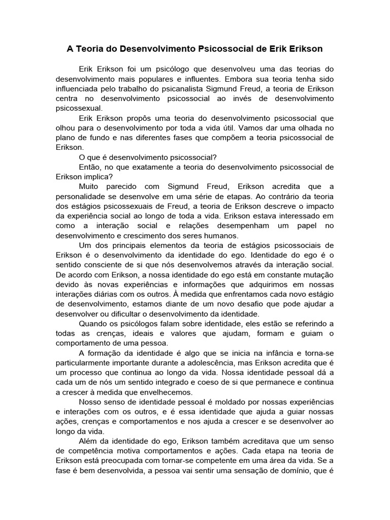 A Teoria Do Desenvolvimento Psicossocial de Erik Erikson | PDF | Sigmund Freud | Psicologia Social