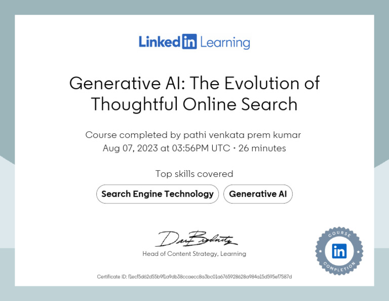 CertificateOfCompletion - Generative AI The Evolution of Thoughtful Online Search | PDF