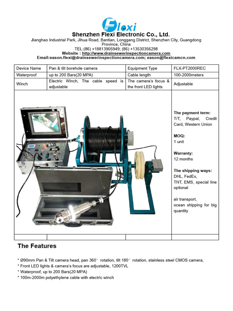 The Parameters of The Borehole Camera FLX-PT2000REC (Ø90mm Pan & Tilt Camera With Focus ...