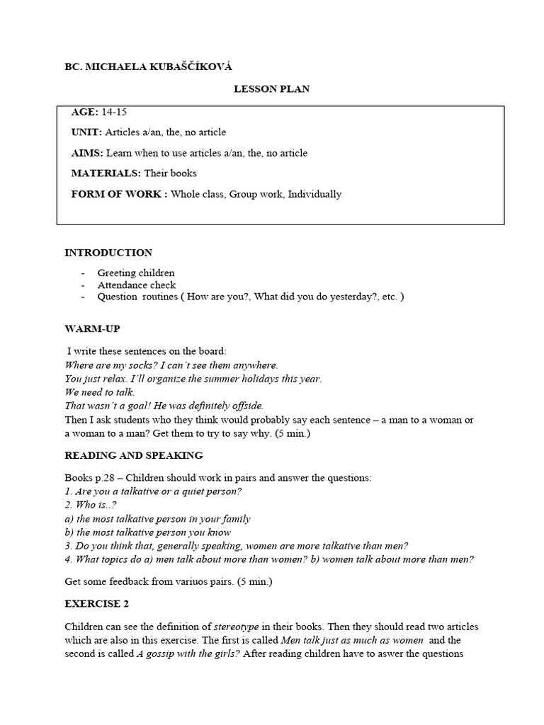 Lesson Plan - Articles | PDF