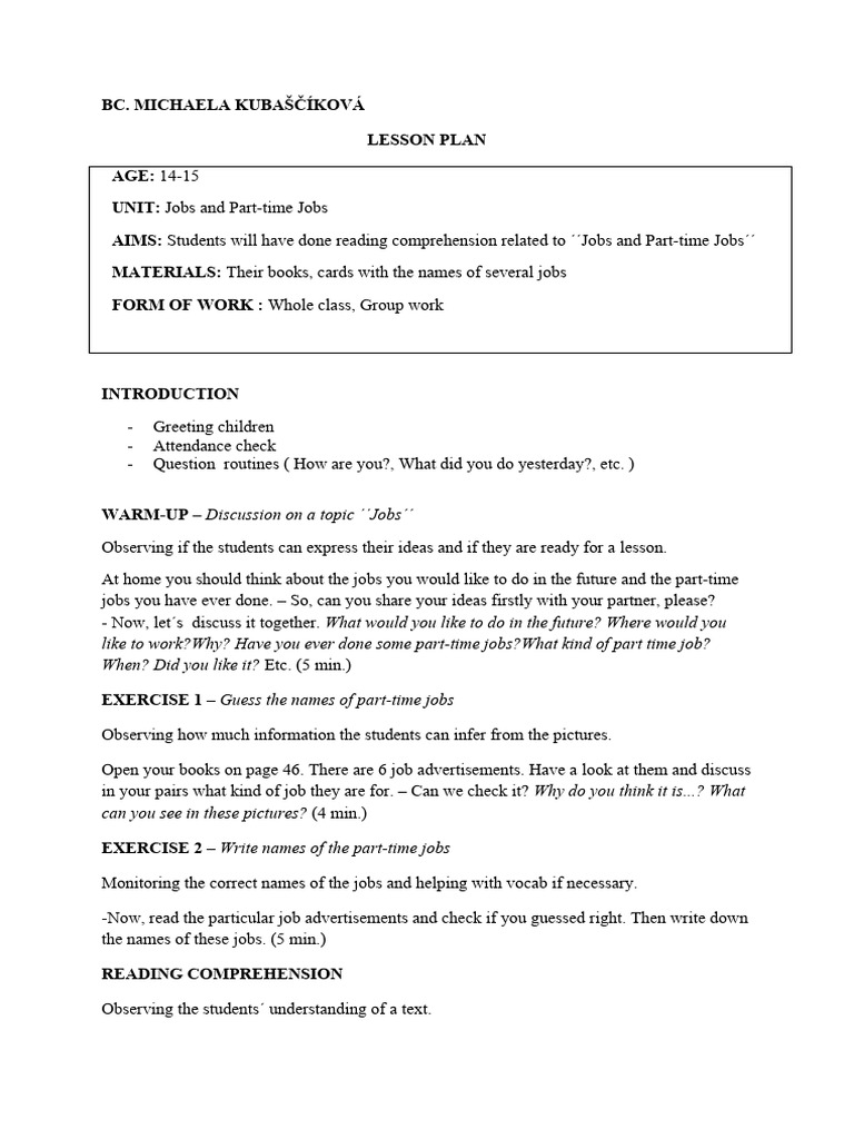 Lesson Plan - Jobs | PDF | Reading Comprehension | Cognition