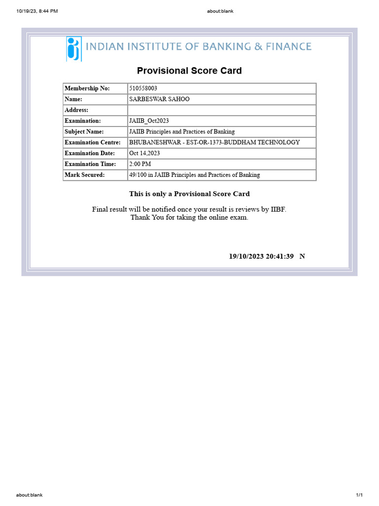 Provisional Score Card | PDF