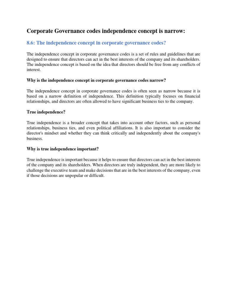 Corporate Governance Codes Independence Concept Is Narrow | PDF ...