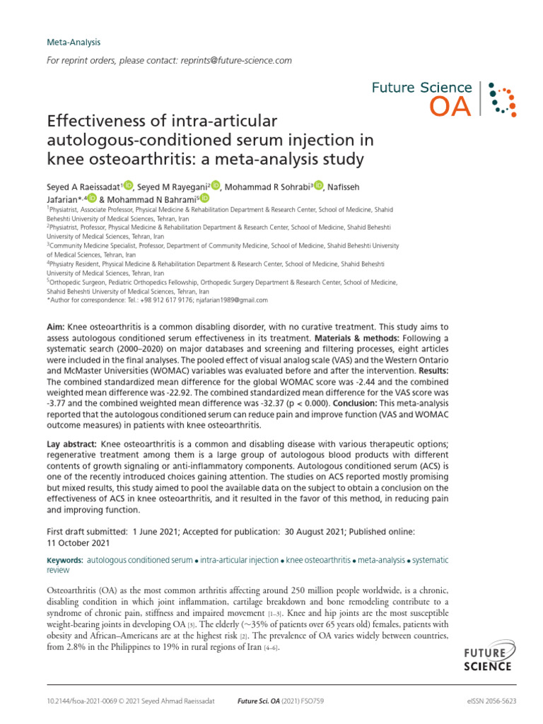 Raeissadat Et Al 2021 Effectiveness of Intra Articular Autologous Conditioned Serum Injection in ...