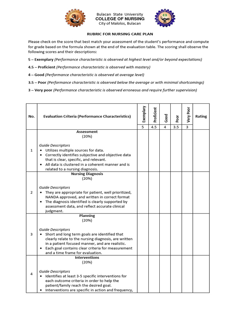 Nursing Care Plan Evaluation Rubric | PDF | Rubric (Academic) | Nursing