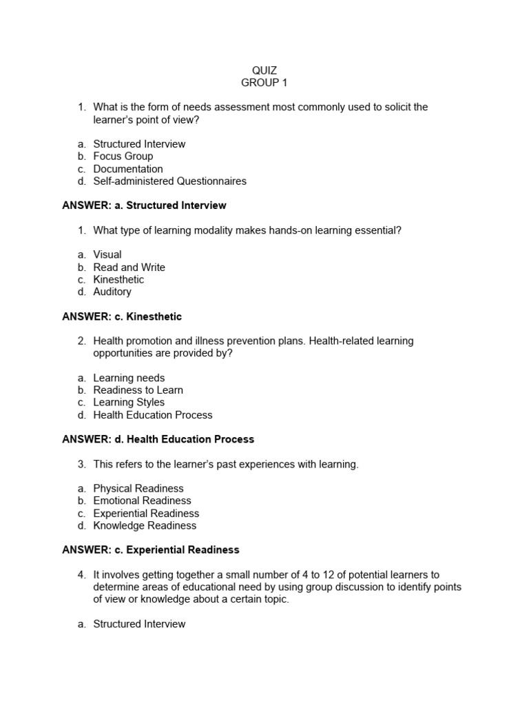 Quiz Group 1 | PDF | Learning | Learning Styles