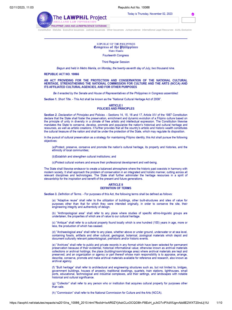 Republic Act No. 10066 | PDF | Cultural Heritage | Archaeology