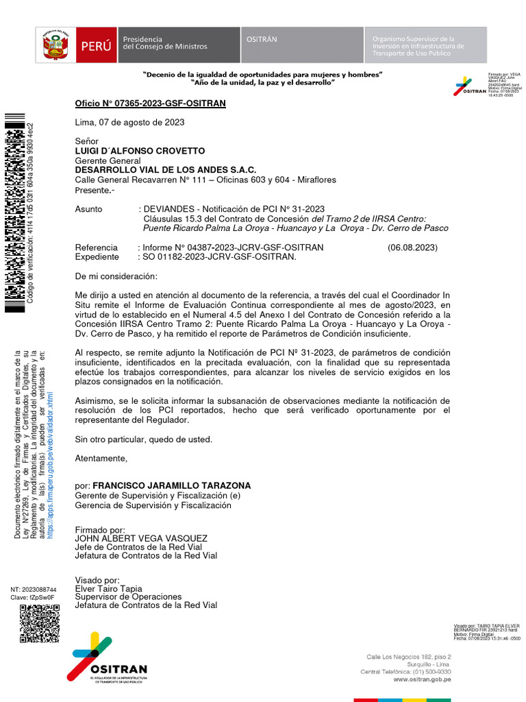 2023.08.08 Oficio 07365-2023-Gsf-Ositran Pci 31 | PDF