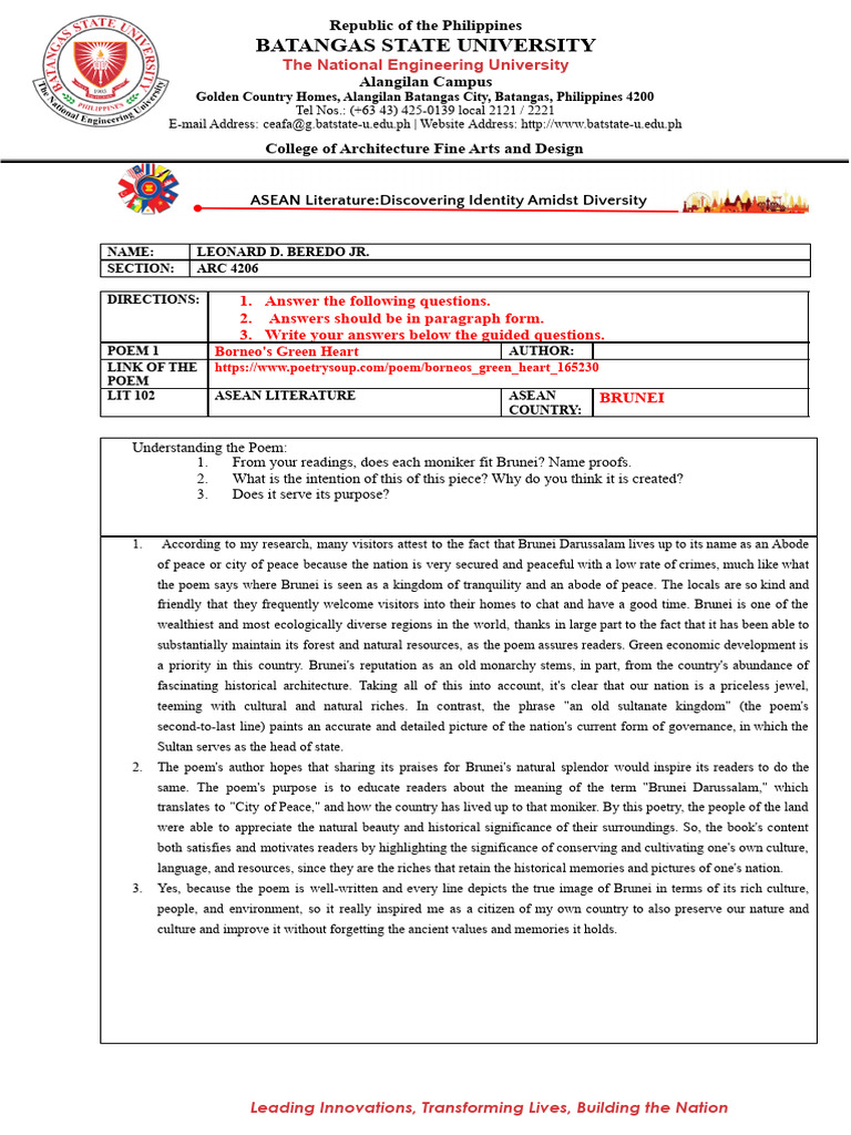 Brunei-Poem 1-Beredo-Lit102-Arc4206 | PDF | Poetry | Brunei