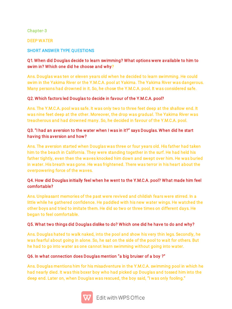 Deep Water Questions and Answers English Class 12th Boards | PDF