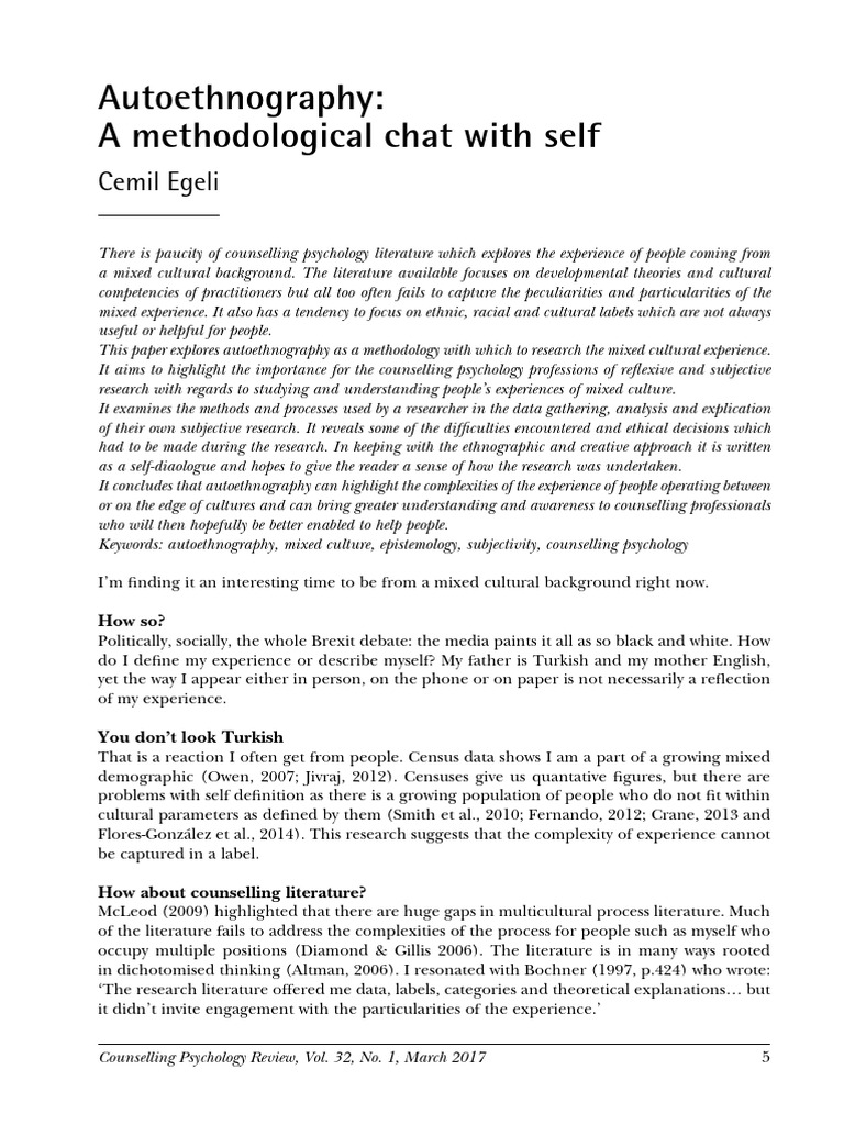 Autoethnography A Methodological Chat With Self. | PDF | Experience ...