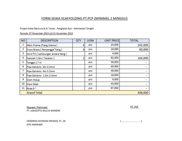 Form Sewa Scaffolding Hotel Mercure | PDF | Teknologi & Rekayasa