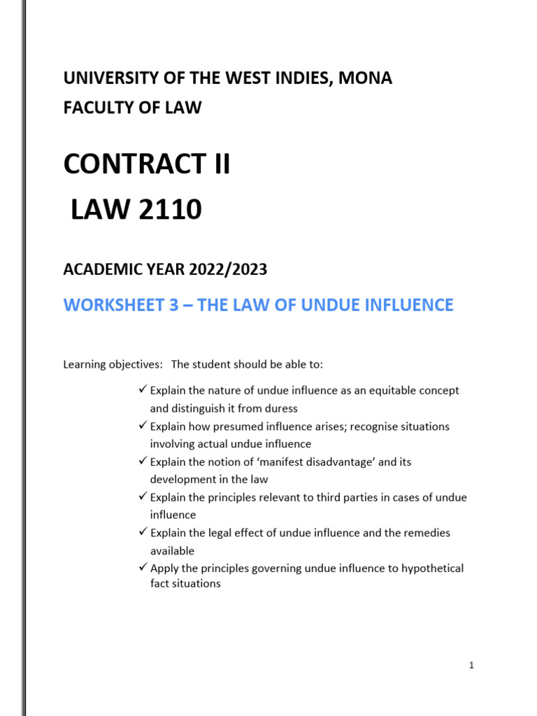 Worksheet 3 UNDUE INFLUENCE 2022 | PDF | Common Law | Justice