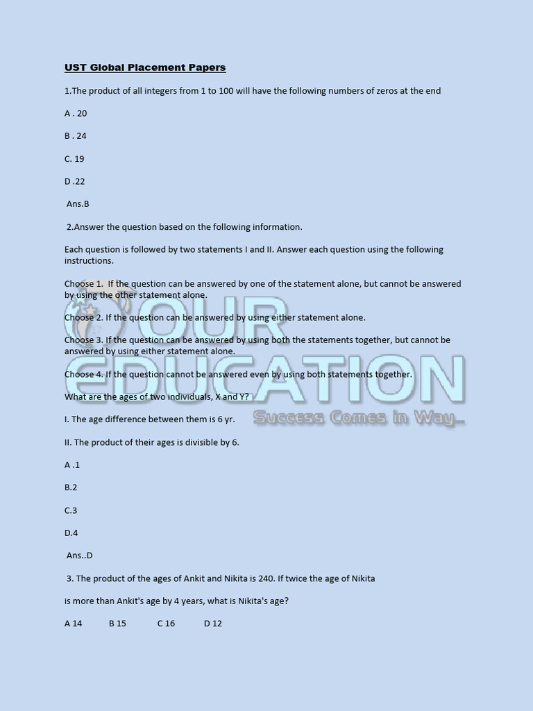 UST Global Placement Test Questions | PDF | Question | Deductive Reasoning
