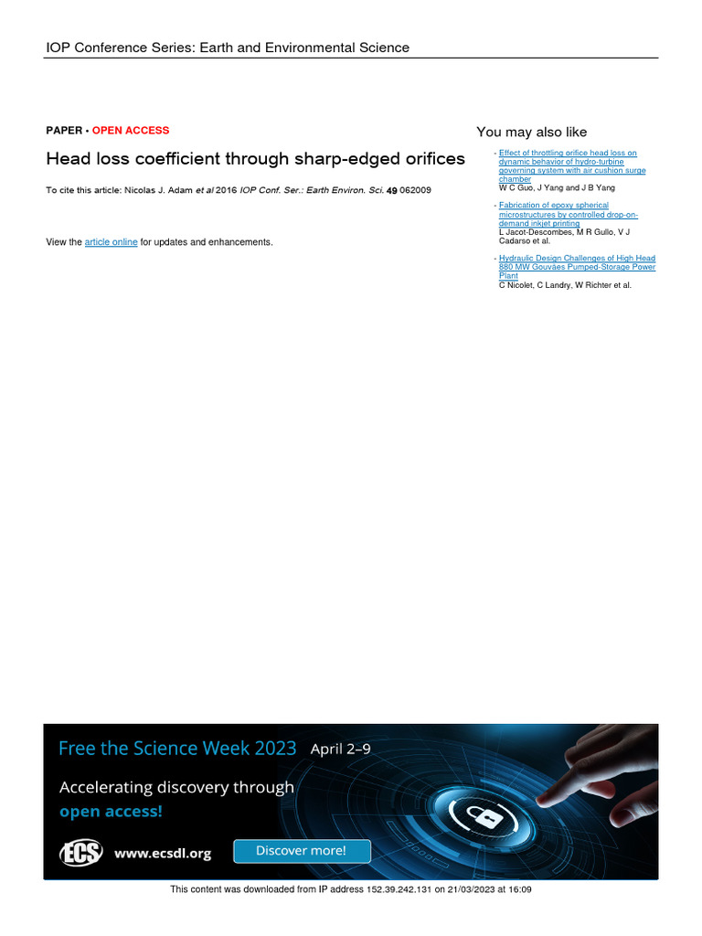 Head Loss Coefficient Through Sharp-Edged Orifices | PDF ...