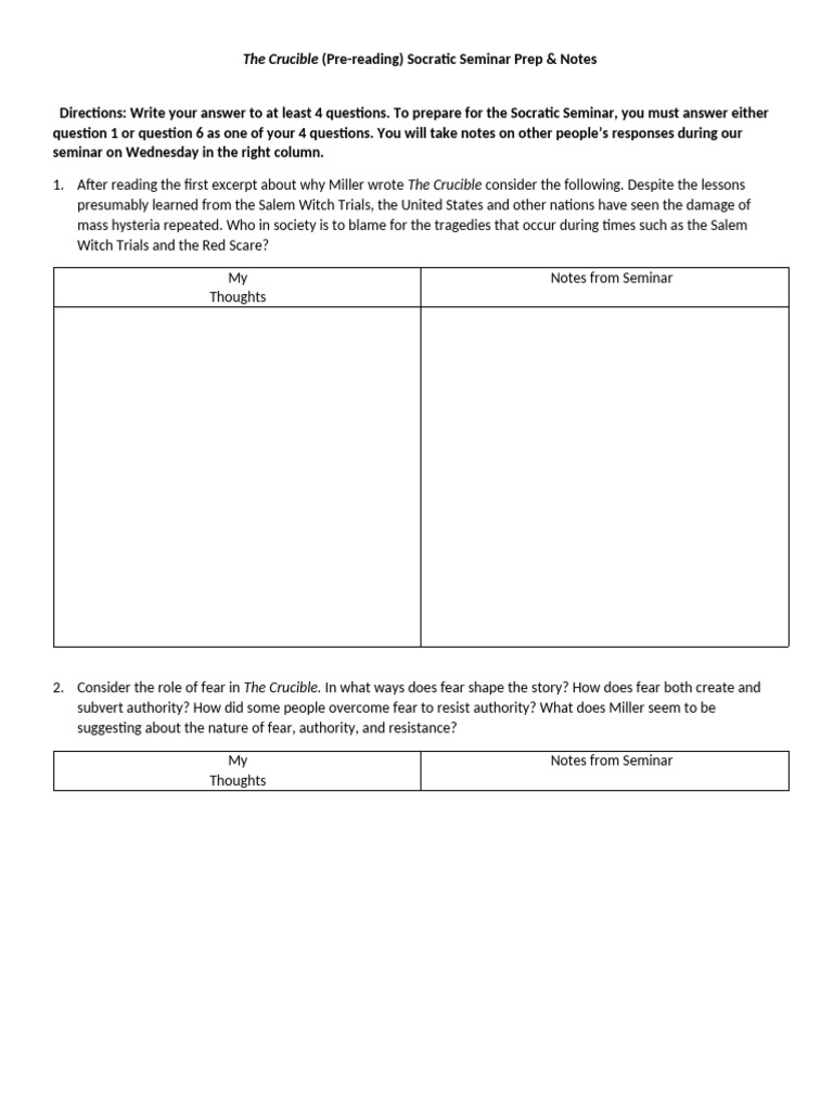 The Crucible Socratic Seminar Prep | PDF The Crucible Socratic Seminar Prep | PDF