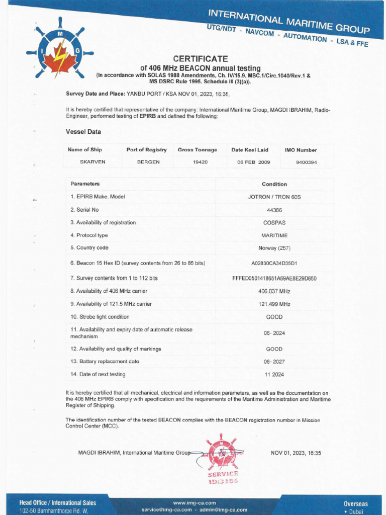 EPIRB Annual Test Certificate | PDF