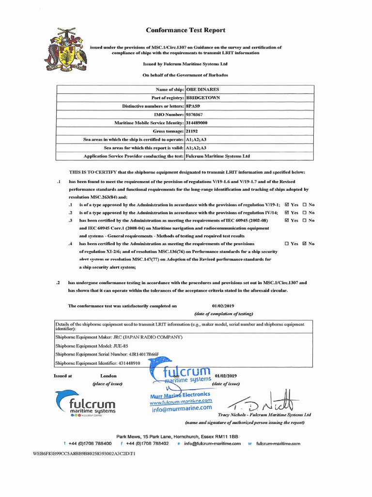 LRIT Conformance Test Report | PDF | Shipping