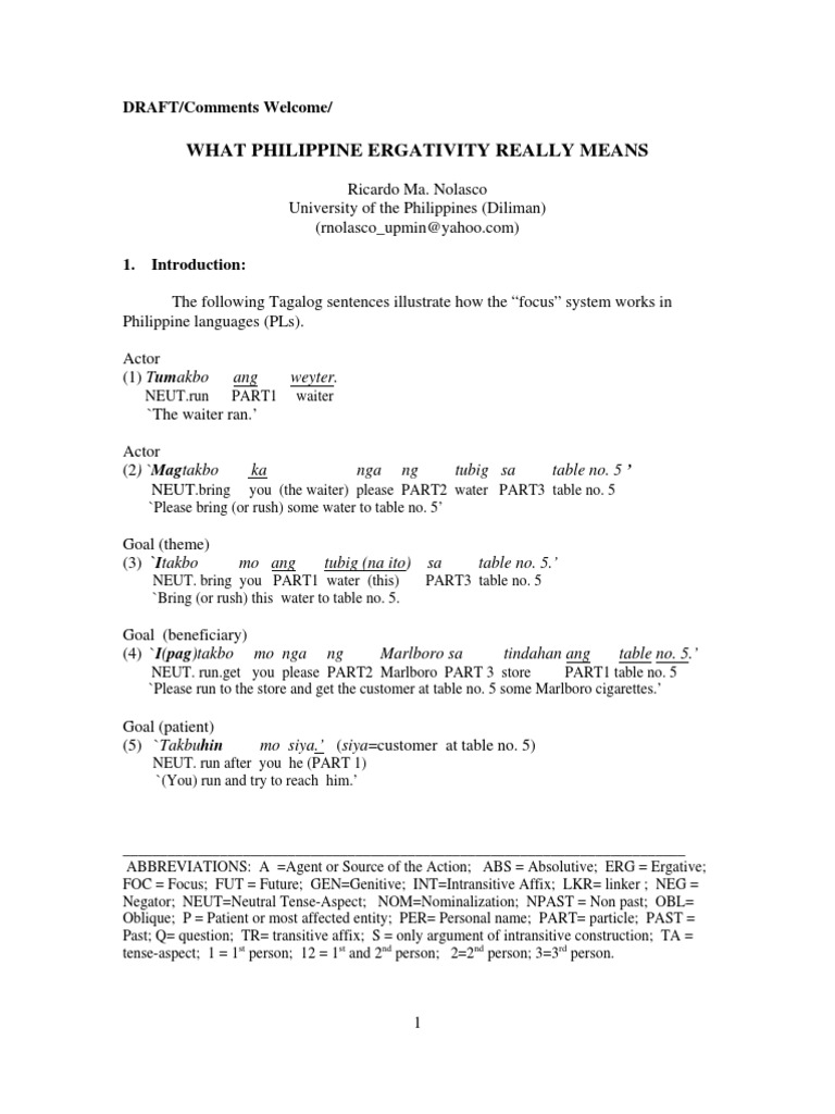 Philippine Ergative Analysis in Tagalog | PDF | Grammar | Syntactic ...