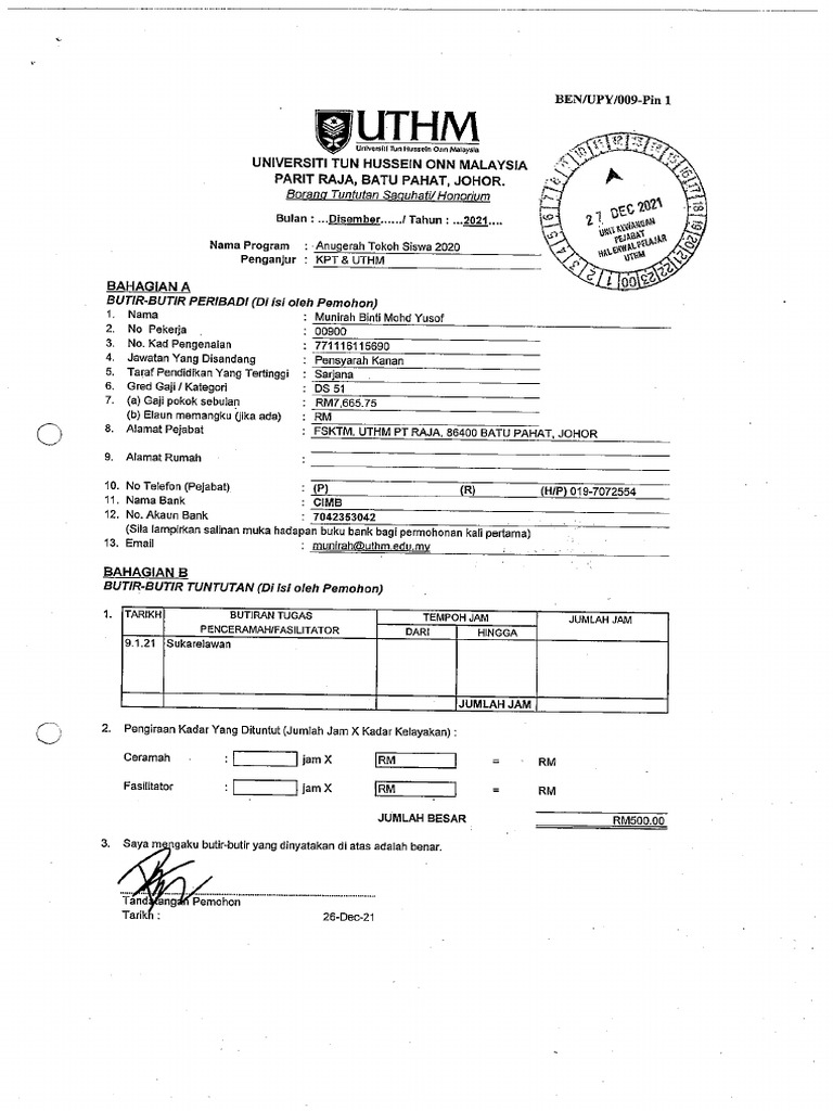CONTOH - Dokumen Lengkap Bayaran Hono Penceramah Staf UTHM | PDF