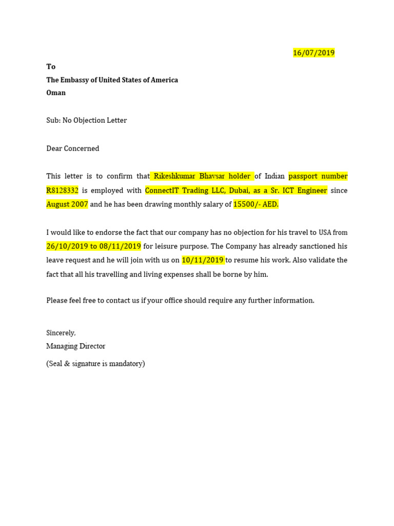 NOC Letter for US Visa Application | PDF | Business | Law