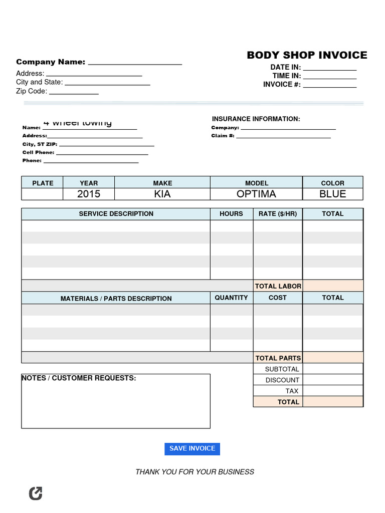 Body Shop Invoice Template | PDF