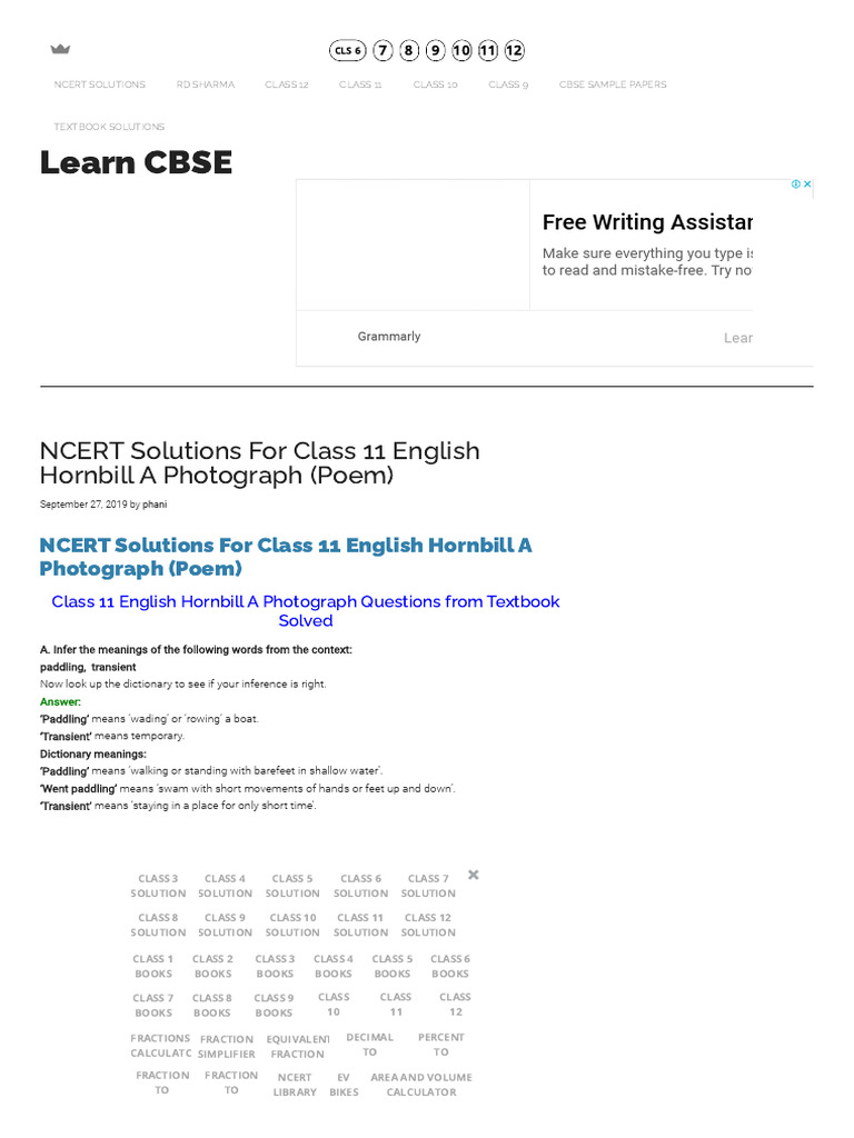 NCERT Solutions For Class 11 English Hornbill A Photograph (Poem) | PDF ...