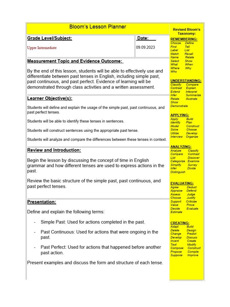 Blooms Lesson Plan | PDF | Grammatical Tense | Perfect (Grammar)