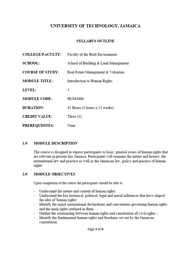 Utech Introduction To Human Rights Module Outline Pdf Human
