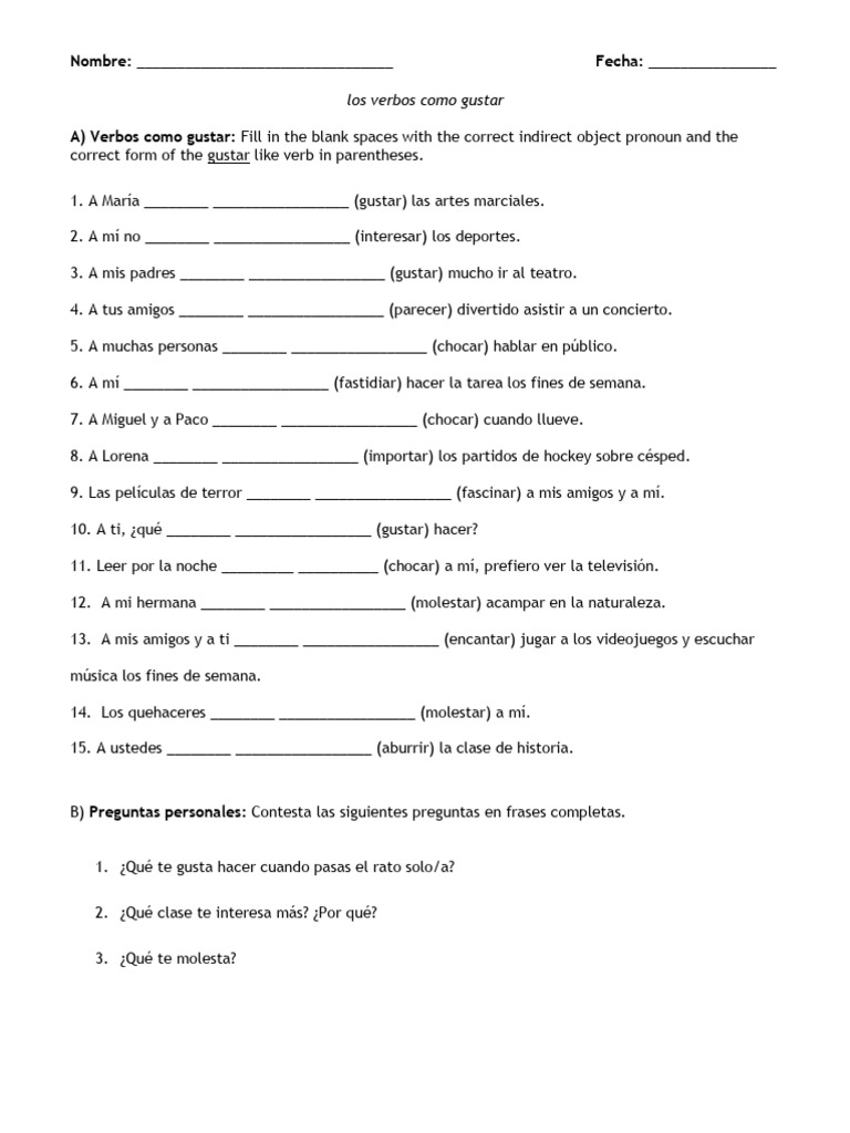 Ejercicios de Verbos como Gustar | PDF