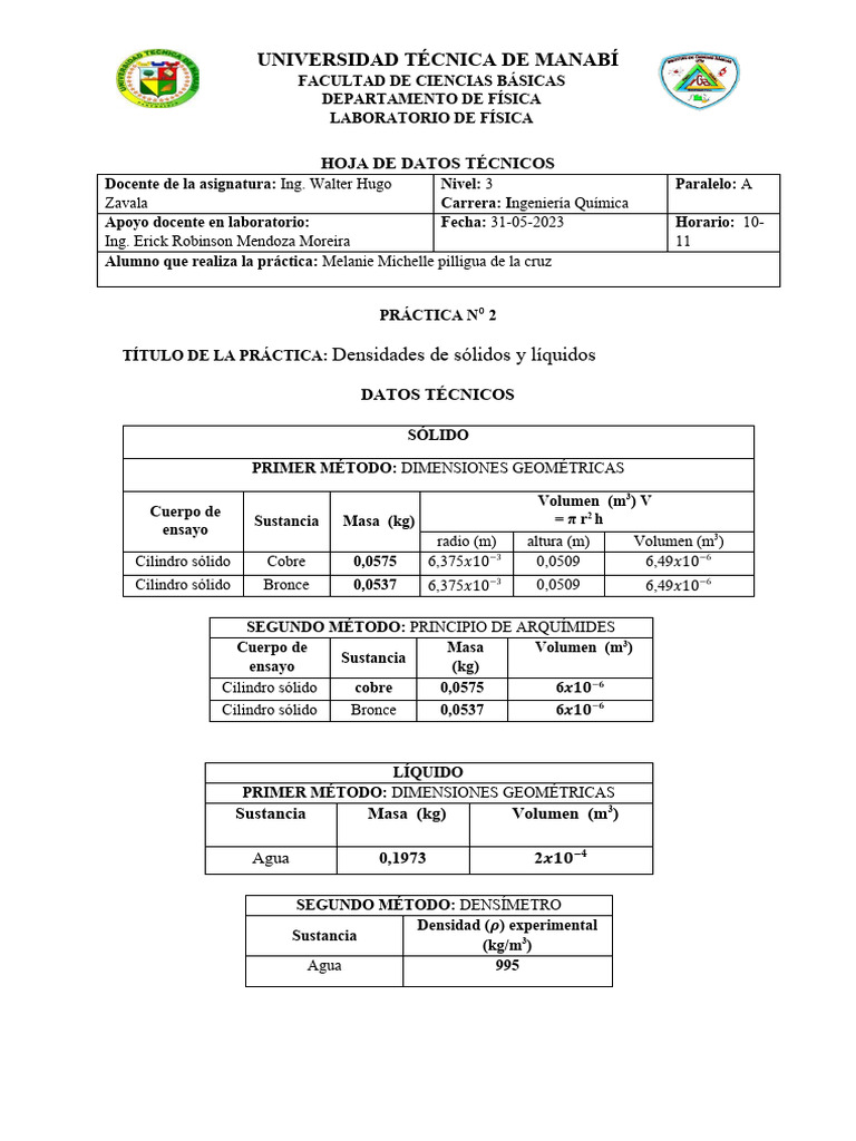 Guía Experimental y de Informe de Práctica 2-1 | PDF | Densidad | Volumen