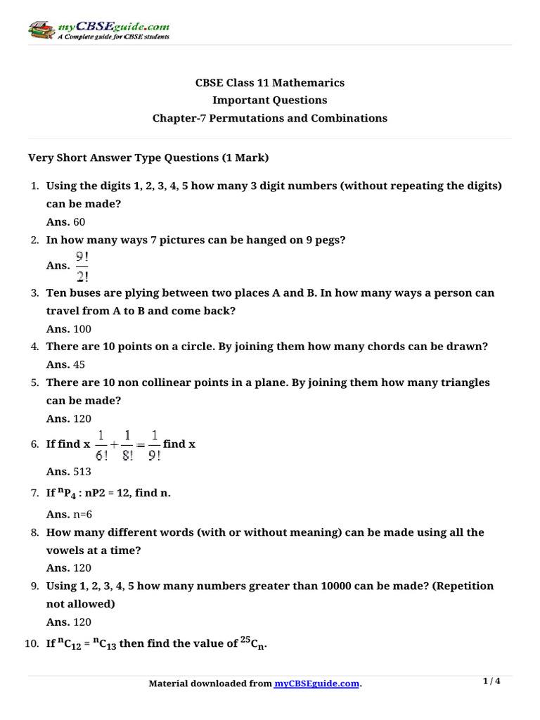 11 Maths Imp Ch7 Permutation Combination Mix | PDF | Linguistics