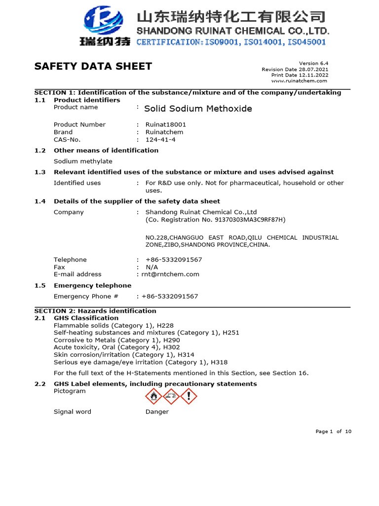 document-SDS Sodium Methoxide Powder | PDF | Toxicity | Dangerous Goods