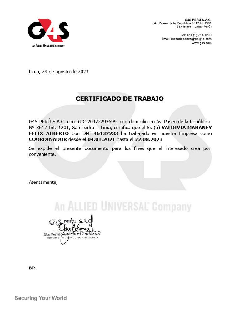 Certificado de Trabajo G4S Perú S.A.C. | PDF