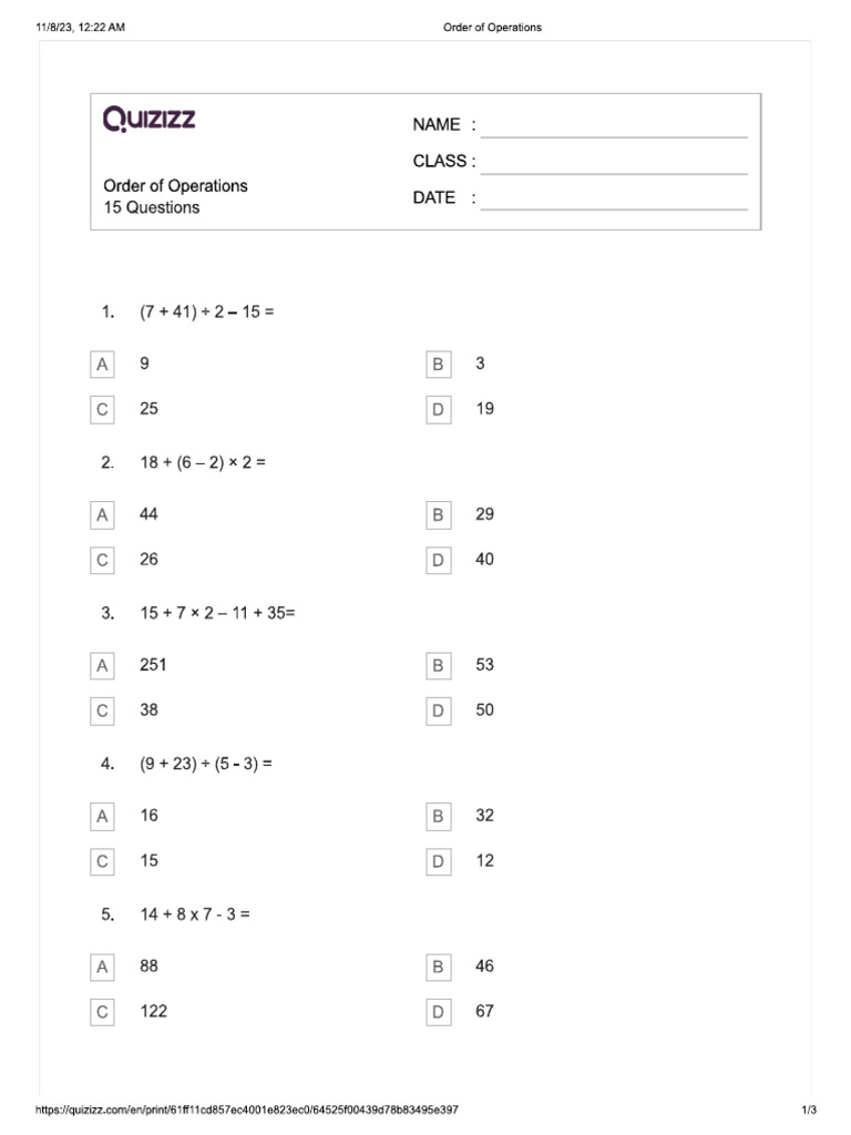 Quiz 4 Order of Operation Grade 7 | PDF