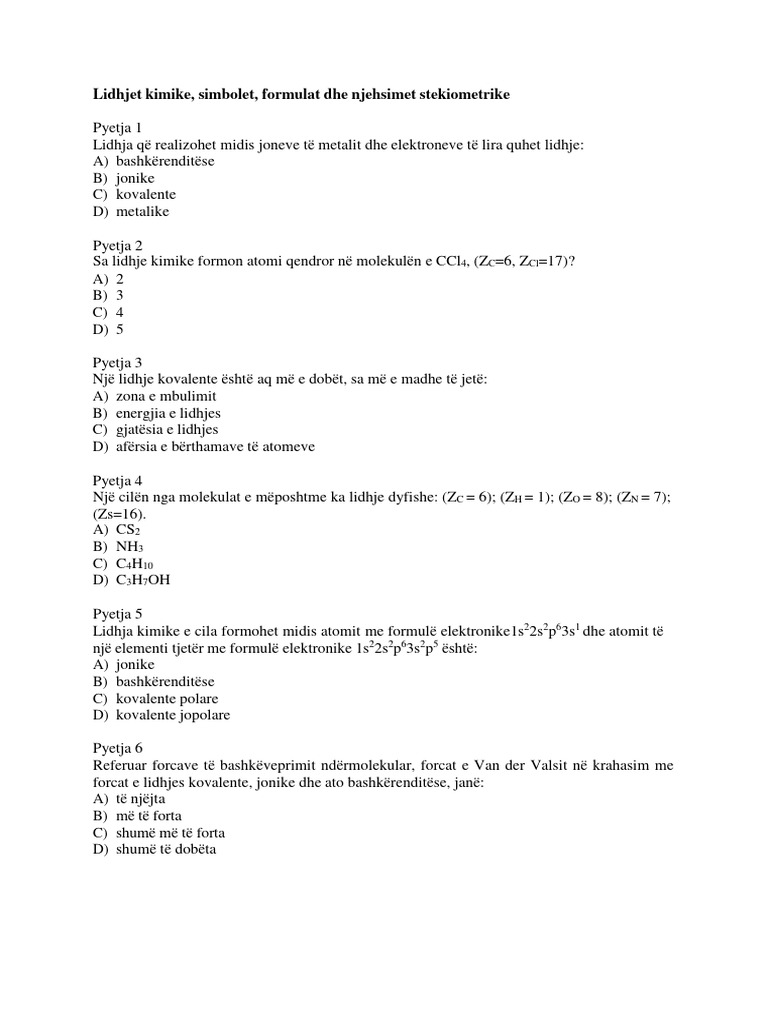 Lidhjet Kimike, Simbolet, Formulat Dhe Njehsimet Stekiometrike | PDF