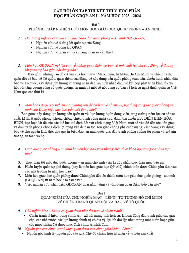 Câu hỏi ôn tập HP1 | PDF