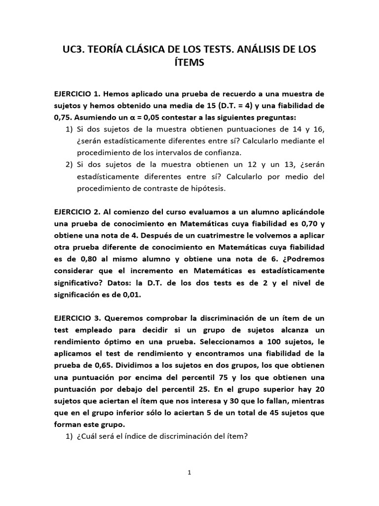 UC3. Ejercicios TCT. Análisis de Ítems | PDF | Métodos de evaluación | Psicometría