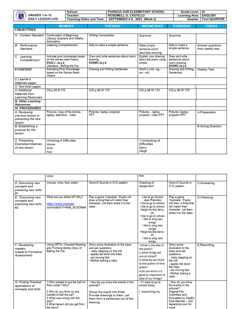 DLL ENGLISH Q1 WK 2 | PDF | Subject (Grammar) | Learning