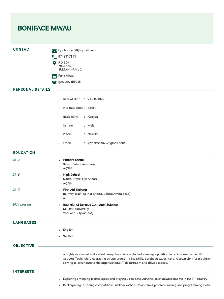 Professional CV Mwau | PDF | Java Script | Computing