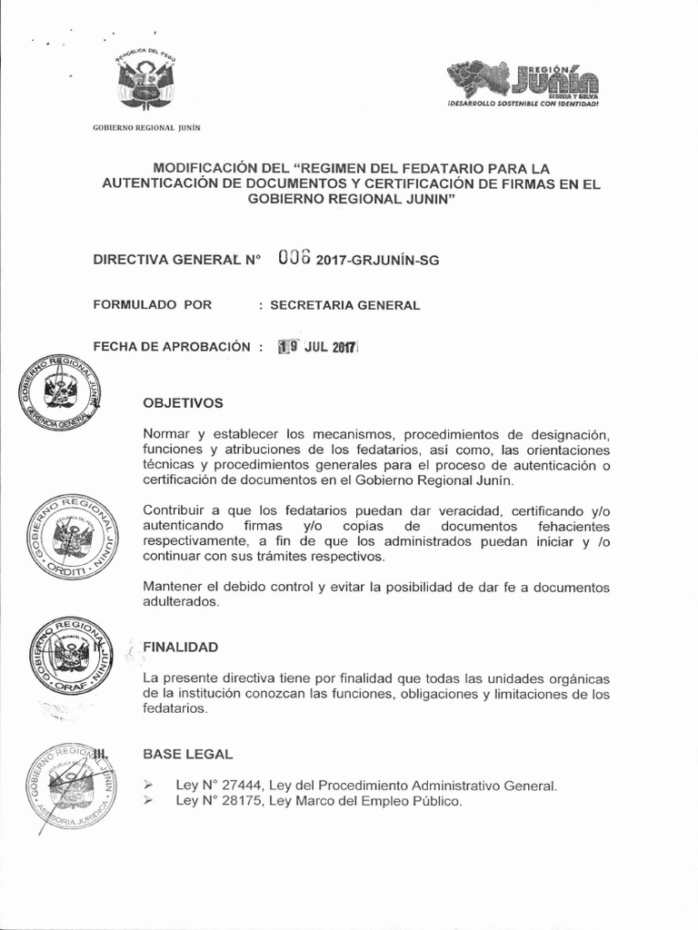 Directiva General N 006 - 2017 MODIFICACI N DEL R GIMEN DEL FEDATARIO PARA LA AUTENTICACI N DE ...
