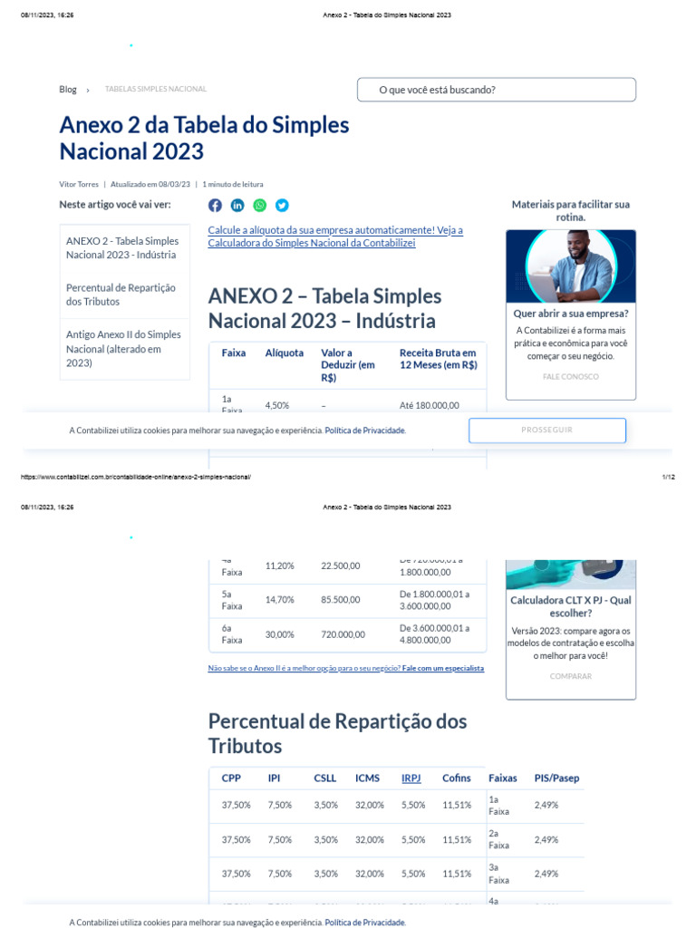 Anexo 2 - Tabela Do Simples Nacional 2023 | Download grátis PDF ...