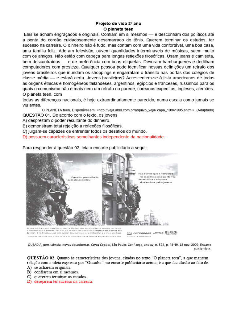 3º Bim Ava B Projeto de Vida | PDF