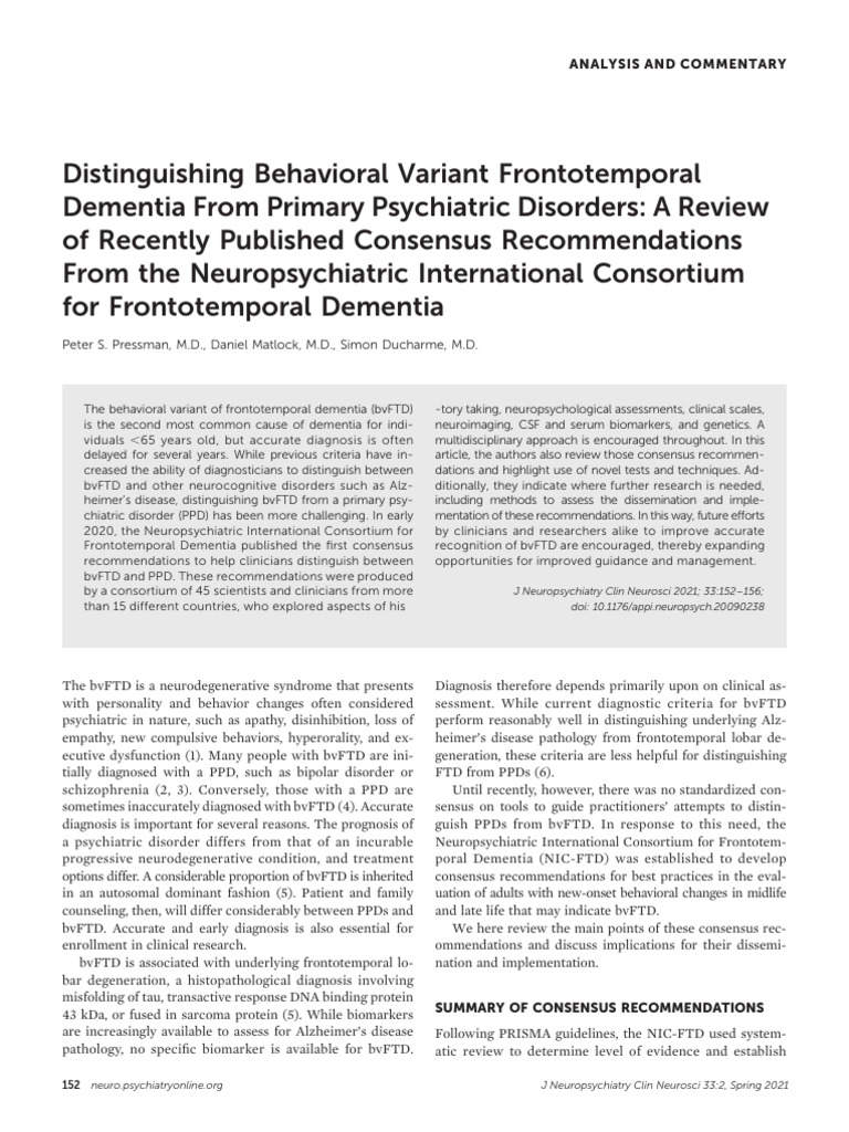 Pressman Et Al 2021 Distinguishing Behavioral Variant Frontotemporal Dementia From Primary ...