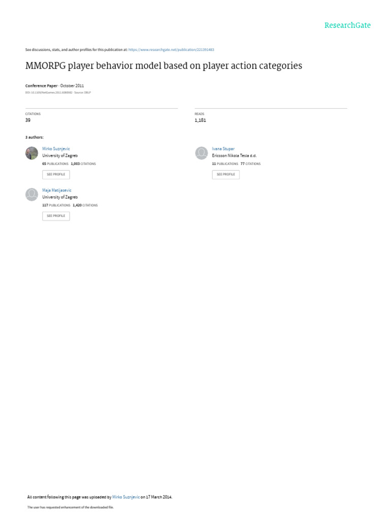 MMORPG Player Behavior Model Based On Player Actio | PDF | World Of Warcraft | Virtual World
