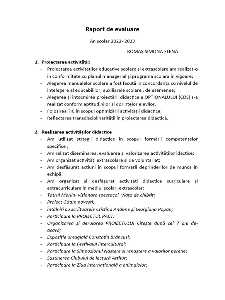 Raport Fisa de Evaluare | PDF